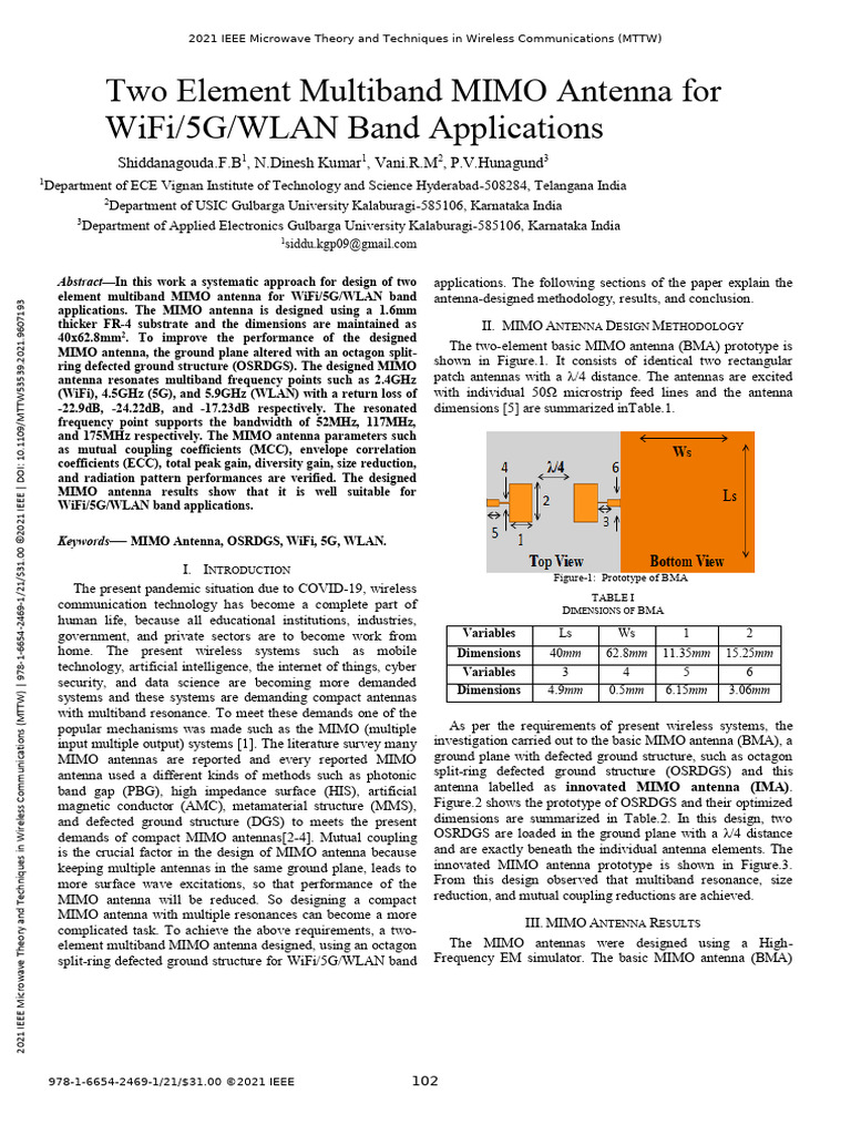Two Element Multiband MIMO Antenna For WiFi 5G WLAN Band Applications | PDF