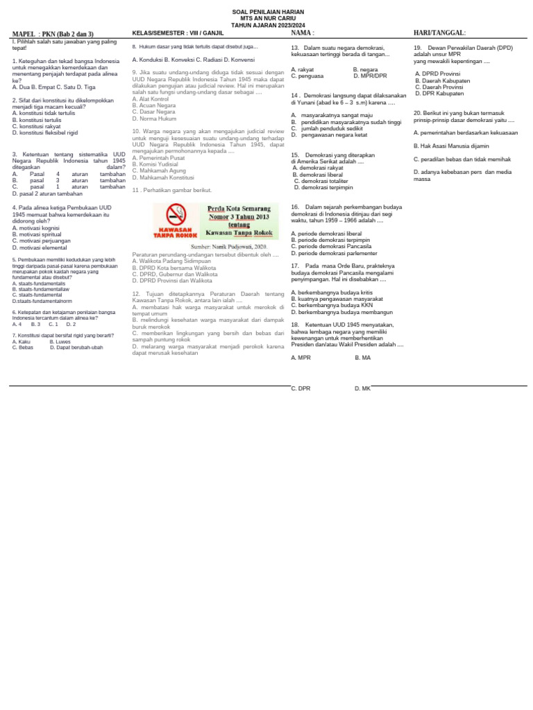 Soal PH PKN Kelas 8 Bab 2 | PDF