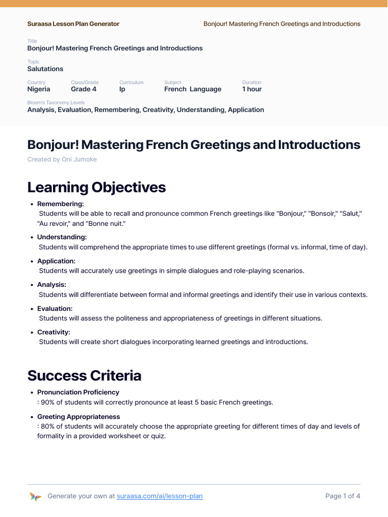Learning Objectives: Bonjour! Mastering French Greetings and ...