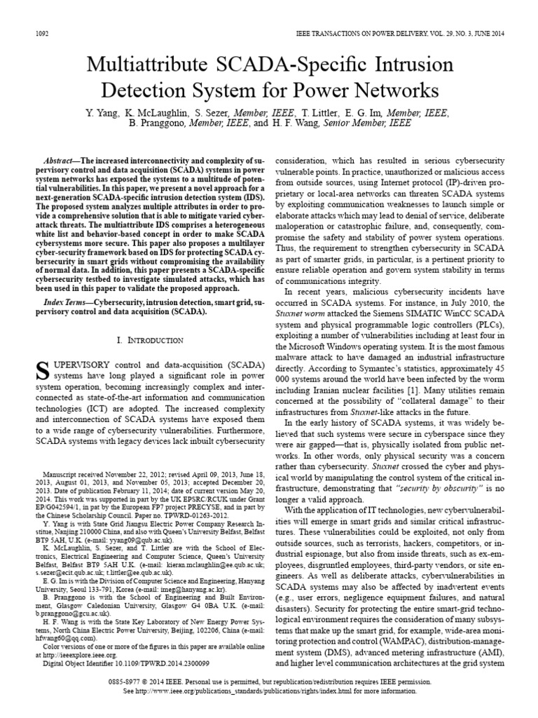 Multiattribute SCADA-Specific Intrusion Detection System For Power Networks | PDF