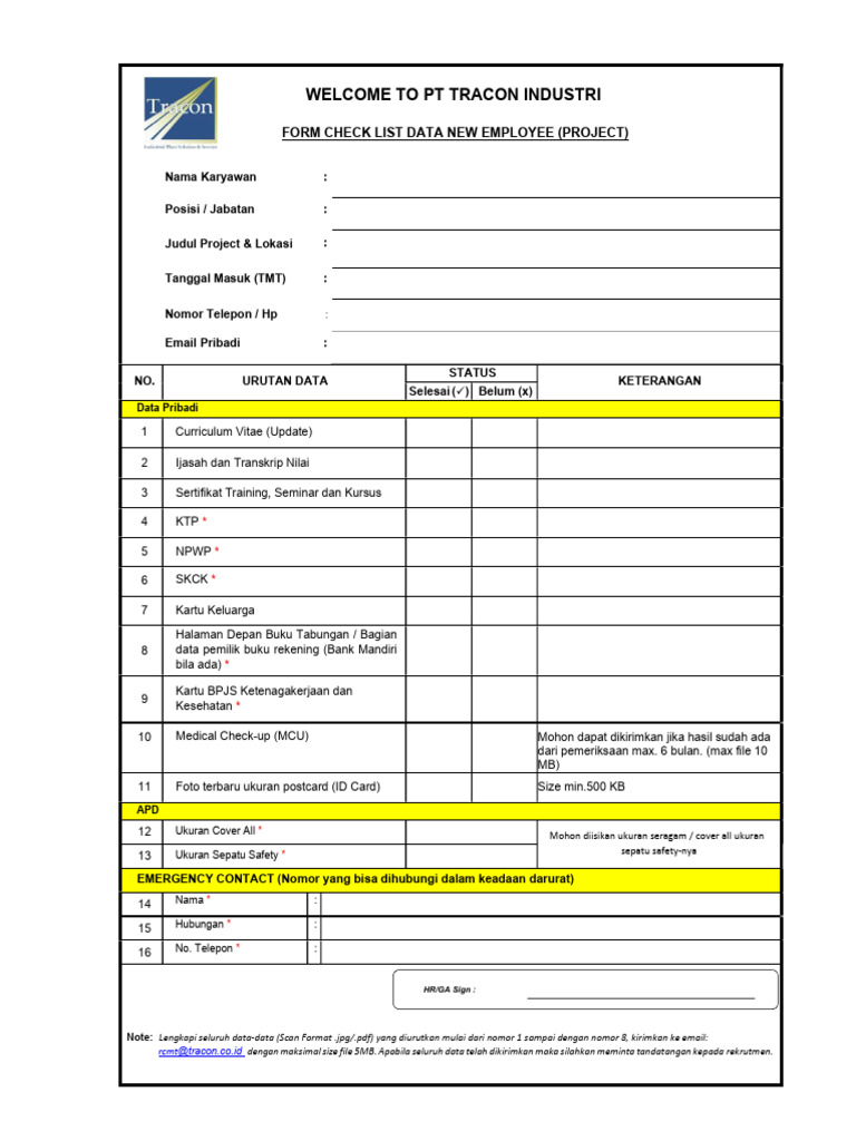 Check List Form New Project Employee - BP Maintenance | PDF