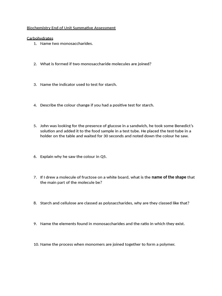 Biochemistry End of Unit Summative Assessment | PDF