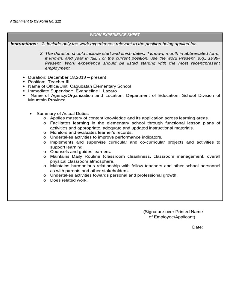 Teacher III Work Experience Sheet | PDF | Art