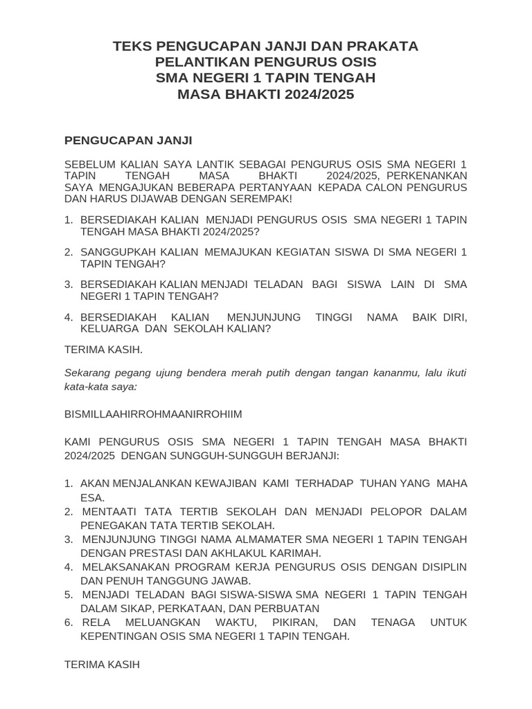 Teks Pengucapan Janji Dan Prakata Pelantikan Pengurus Osis | PDF