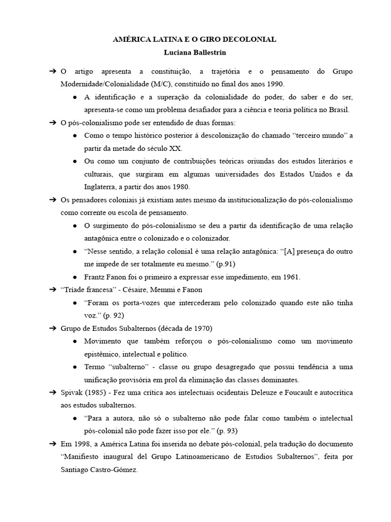 FICHAMENTO - América Latina e o Giro Decolonial - Luciana Ballestrin | PDF