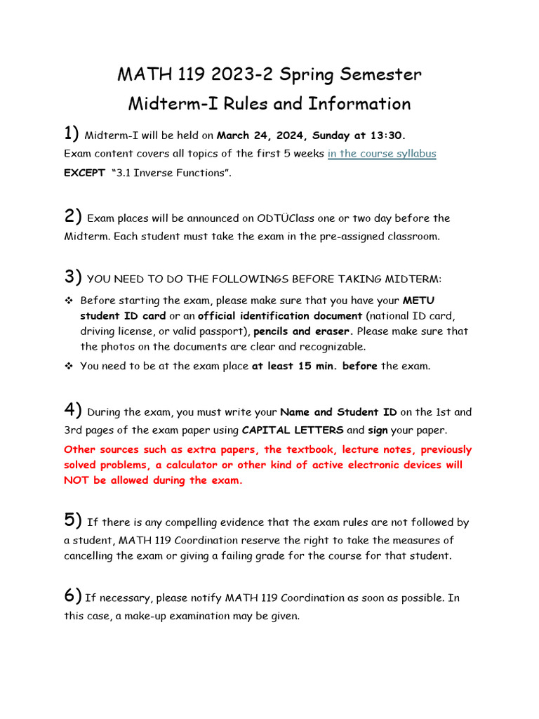 Math119 - Midterm1 Exam Rules and Information | PDF