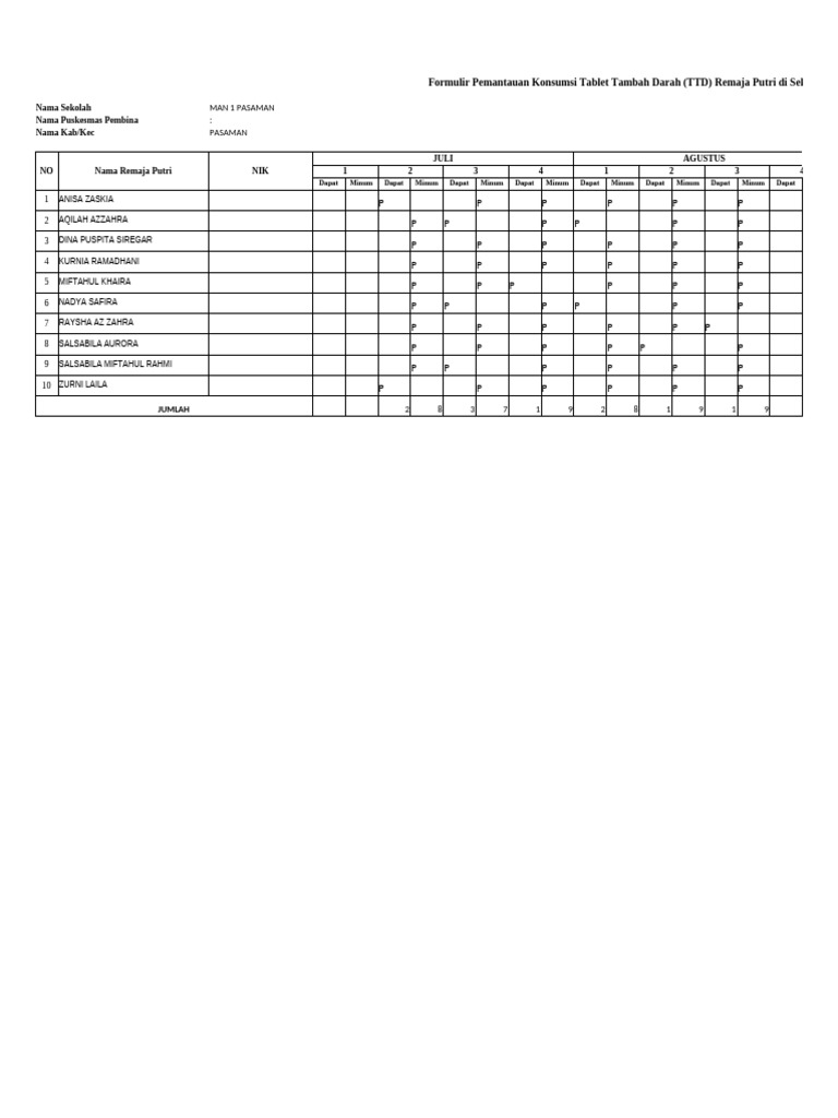 Form Pemantauan TTD Rematri Sekolah 2 | PDF