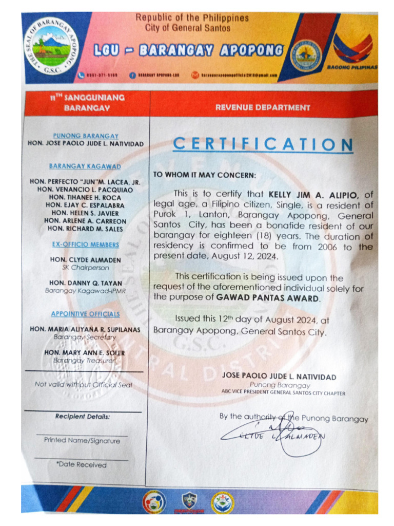 Kelly Brgy Cert | PDF