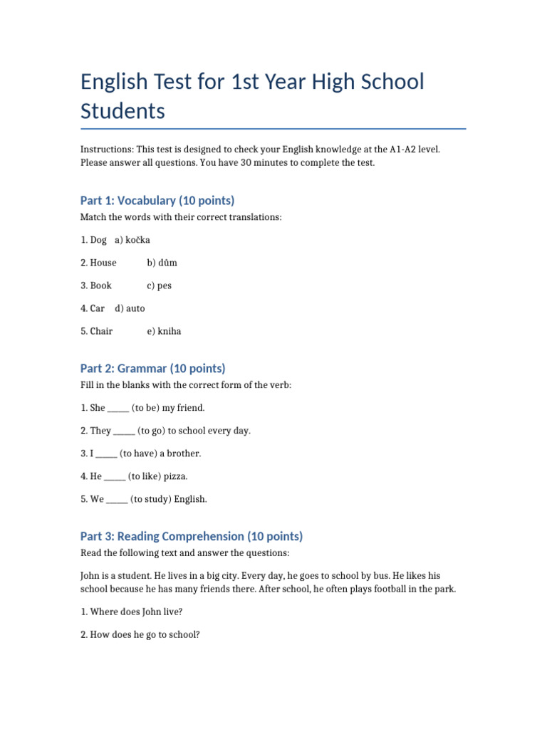 English Test First Year High School | PDF