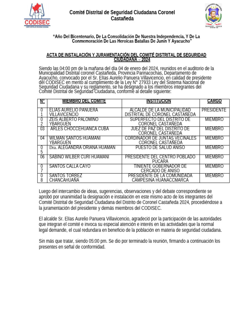 Acta de Instalacion y Conformaicon Codisec 2024 | PDF