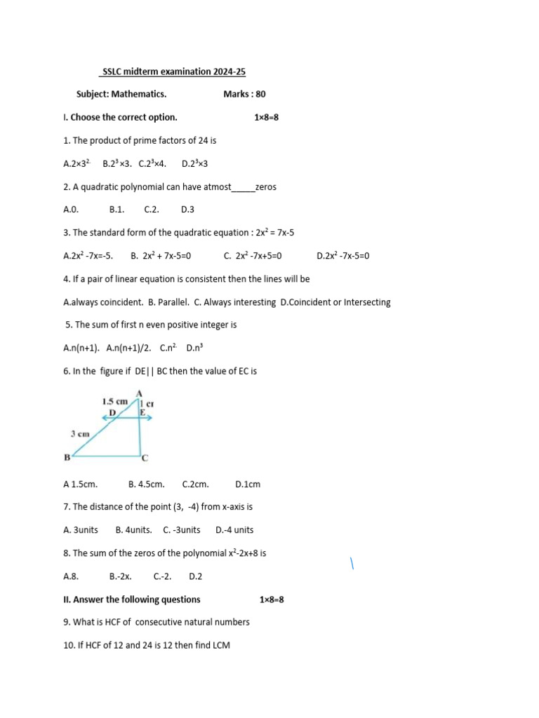 10th STD Maths Midterm Examination Eng Version 2024-25 | PDF
