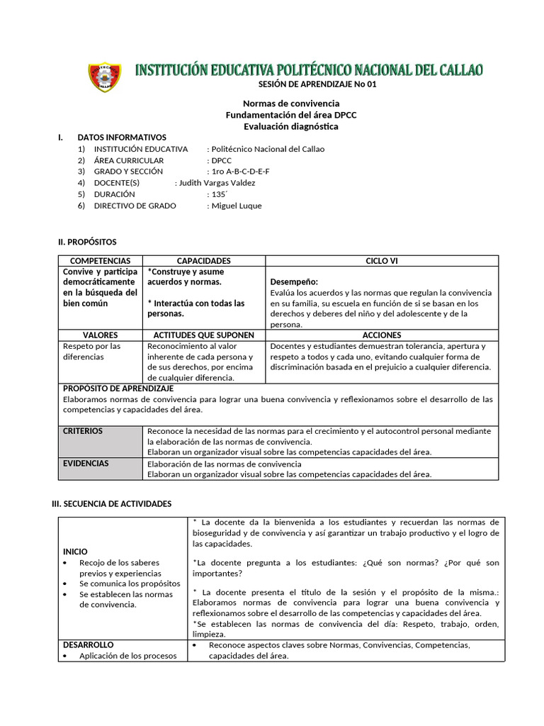 SESIÓN DE APRENDIZAJE No 01-DPCC 1° | PDF