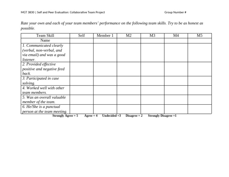 Peer Evaluation Form (MGT - 3830) | PDF