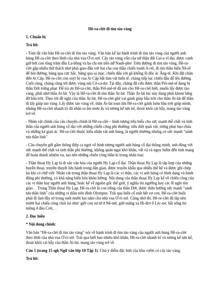Hê-ra-clét đi tìm táo vàng 1. Chuẩn bị Trả lời | PDF