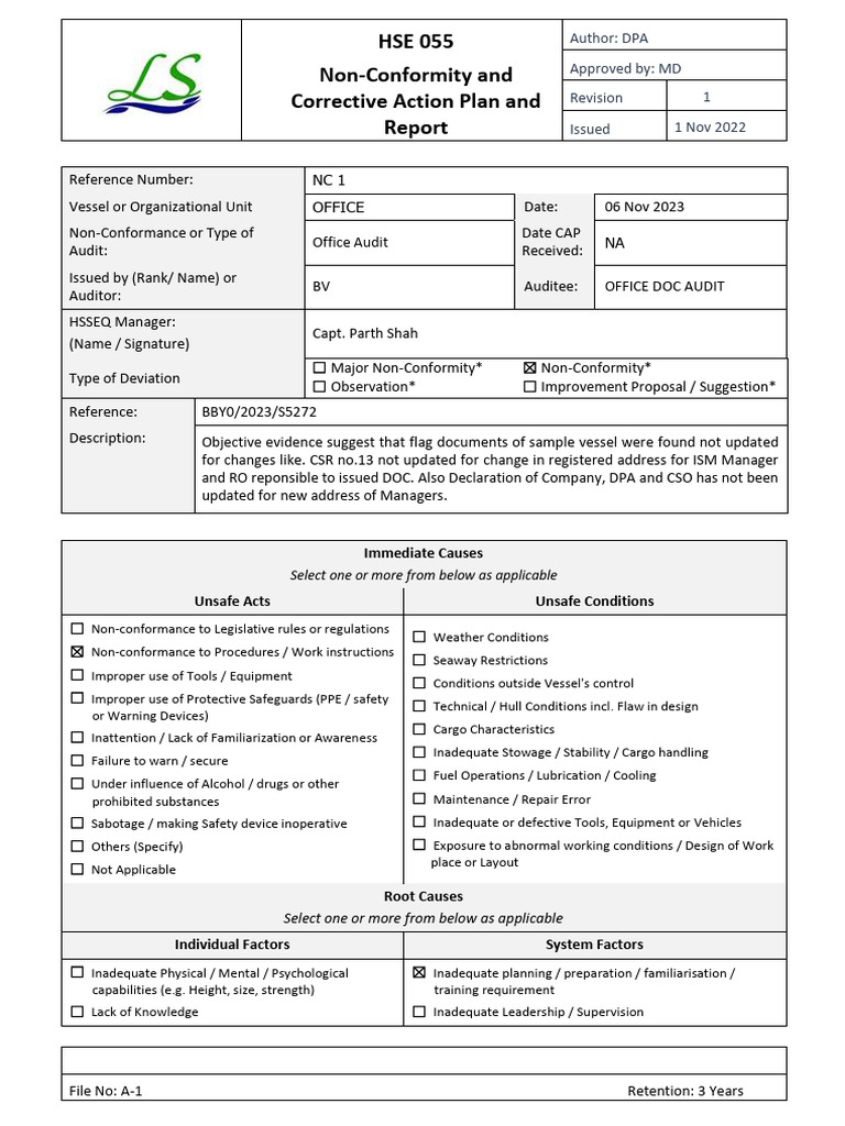 01 - HSE 055 NCR & Corrective Action Plan or Report | PDF
