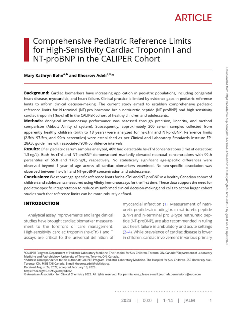 Comprehensive Pediatric Reference Limits For Troponin I & NTproBNP ...