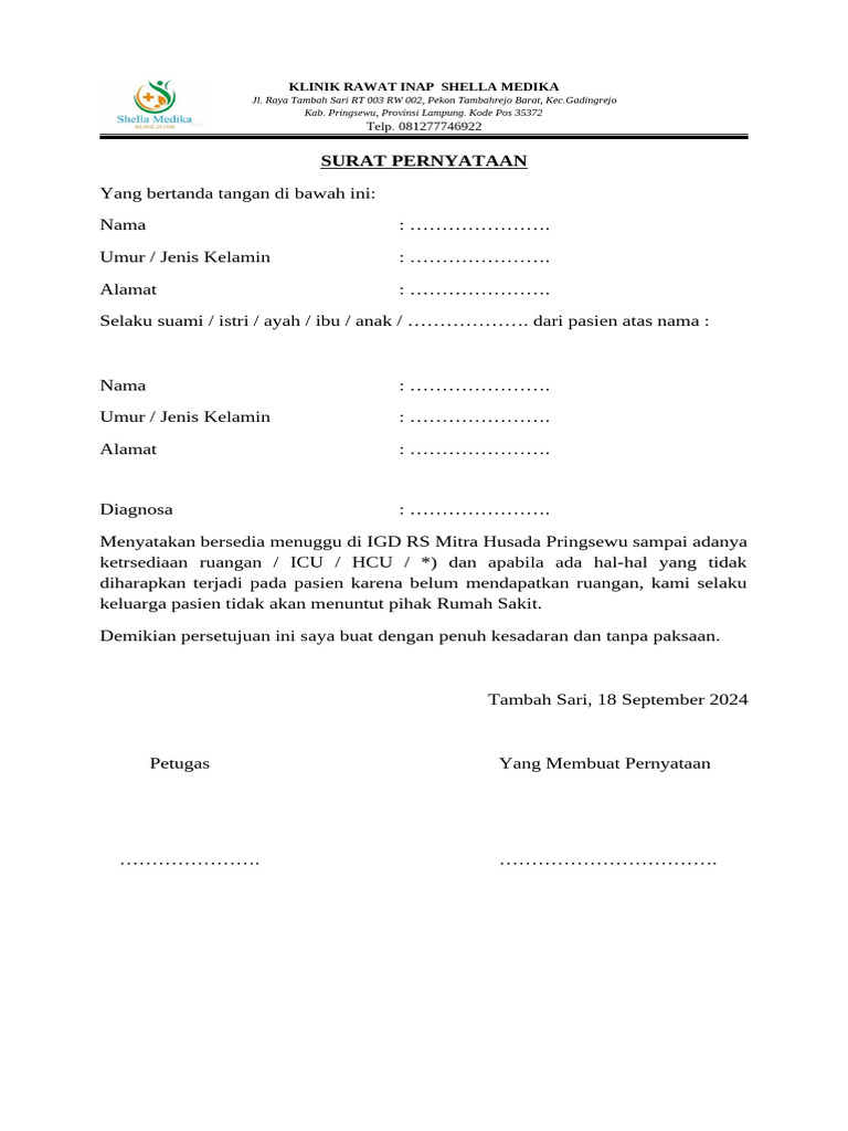 Surat Pernyataan Bersedia Menunggu Di Igd | PDF