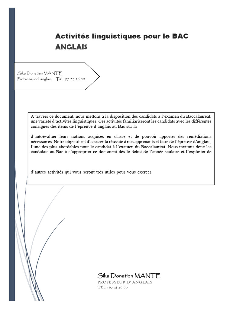 Activités Linguistiques. BAC Anglais | PDF