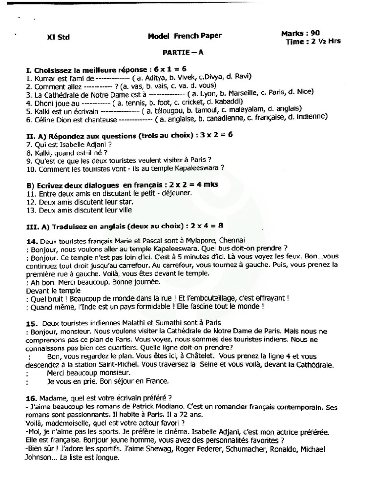 11th French Padasalais Model Question Paper 2018 French Medium | PDF