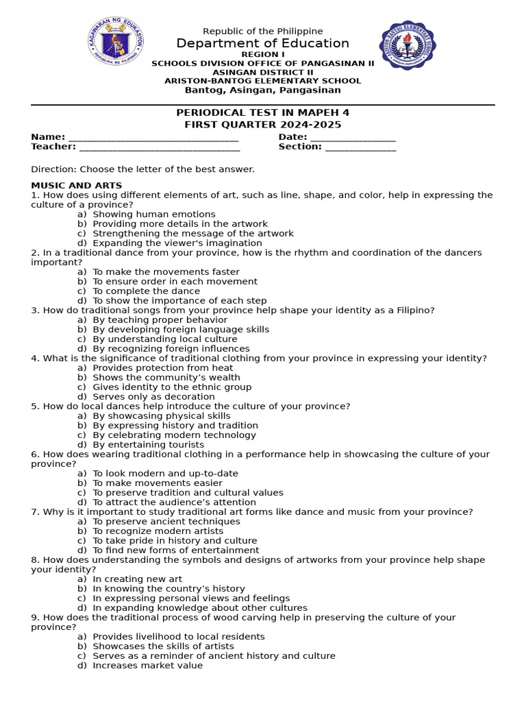 PERIODICAL TEST IN MAPEH 4 (Matatag Curriculum) | PDF