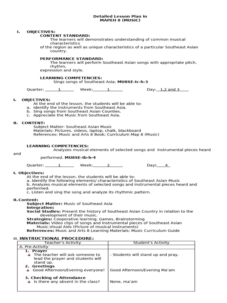 LESSON PLAN IN MAPEH 8 Week 2 | PDF