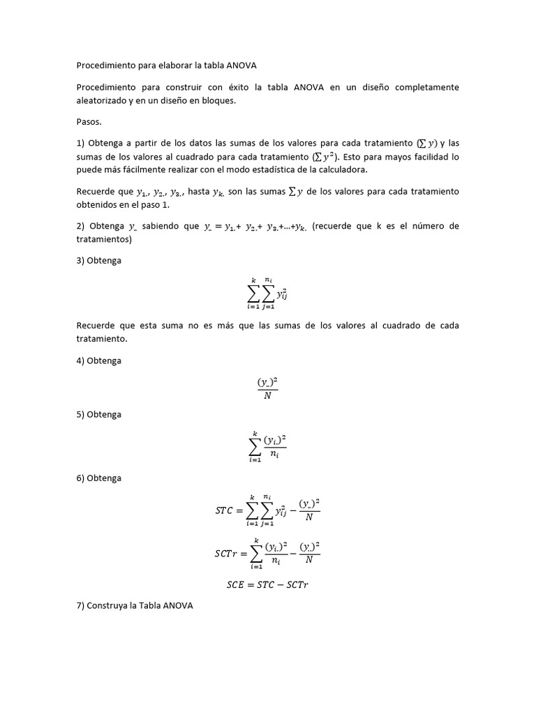 Procedimiento para elaborar la tabla ANOVA | PDF