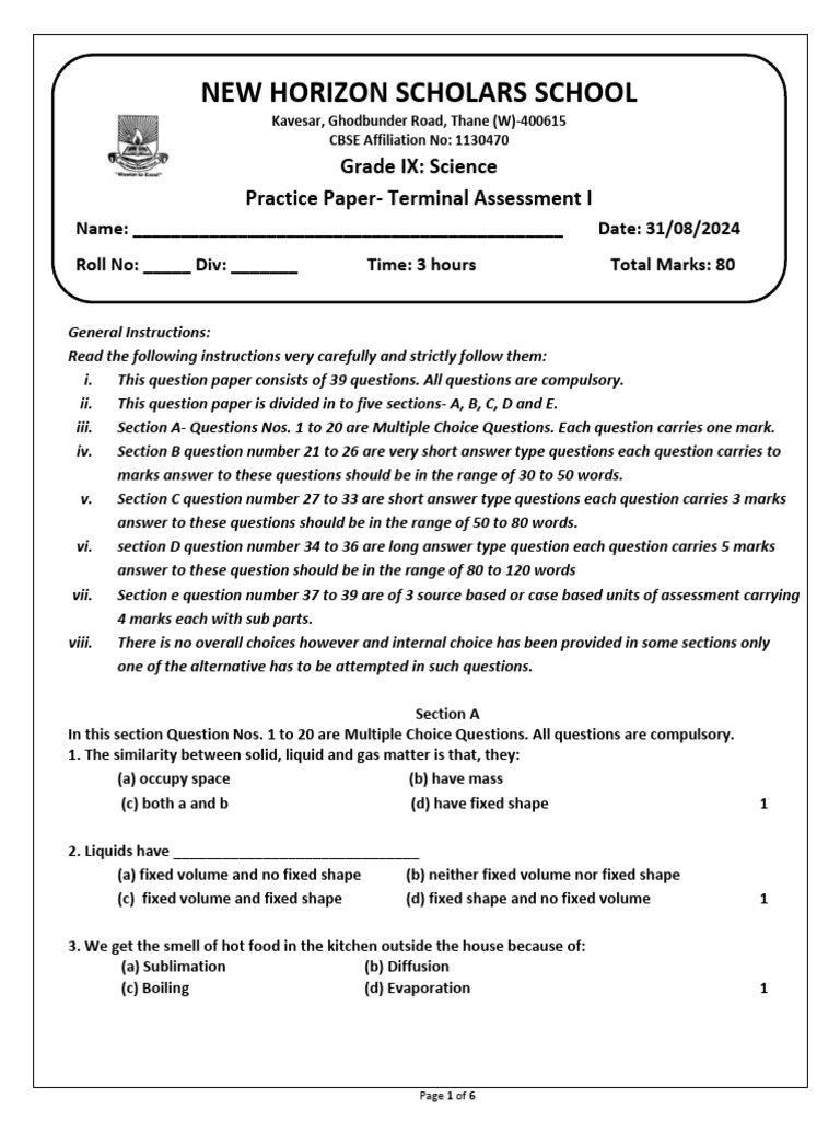 Grade 9 Term 1 Practice Paper 2024 25 | PDF