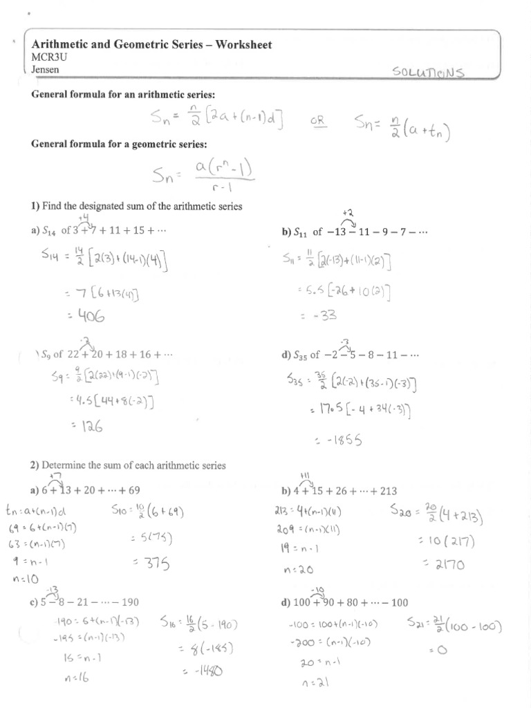 Arithmetic and Geometric Series Worksheet SOLUTIONS | PDF