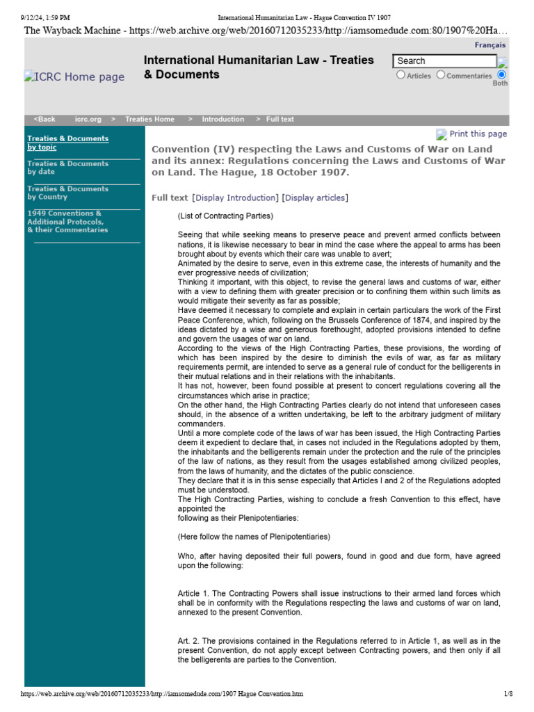 International Humanitarian Law - Hague Convention IV 1907 | PDF
