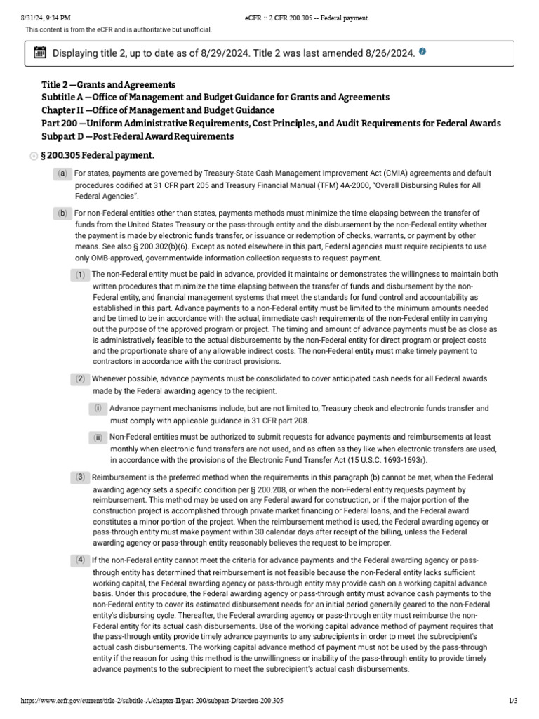 eCFR - 2 CFR 200.305 - Federal Payment | PDF