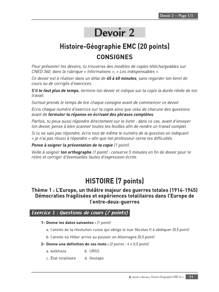 Devoir 1 Devoir 2: Histoire-Géographie EMC (20 Points) | PDF