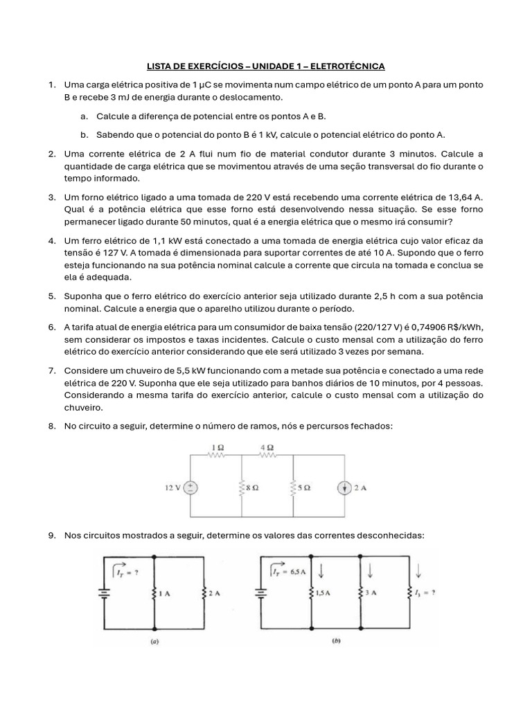Lista de Exercícios Unidade 1 Eletrotécnica 1 Sem 2024 | PDF
