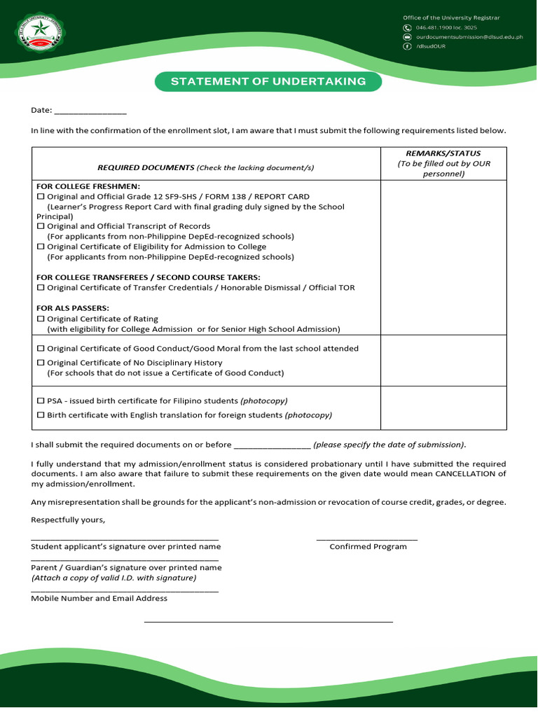 Statement of Undertaking College Freshman Rev. 5.21.2024 | PDF
