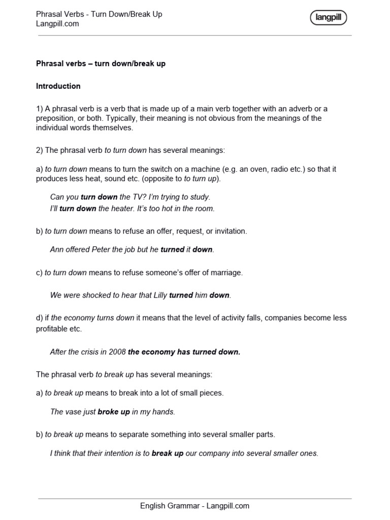 (Textbook) Phrasal Verbs - Turn Down - Break Up - PDF - 1.1 9. | PDF ...