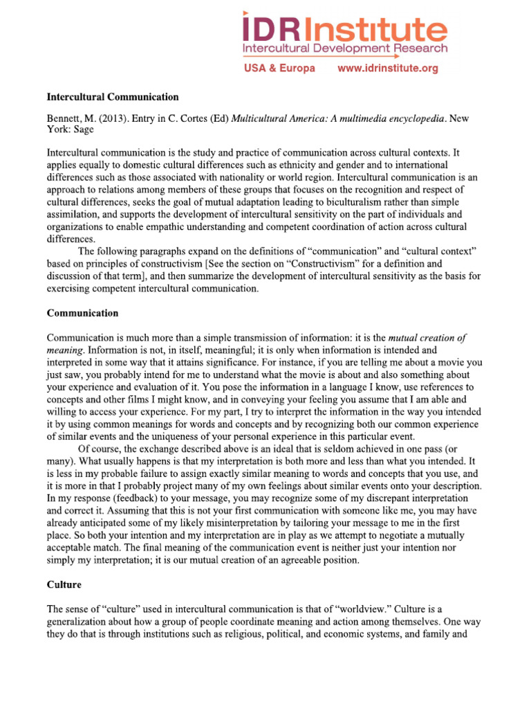 Reading Assign 2 Definition of Intercultural Communication IDR ...
