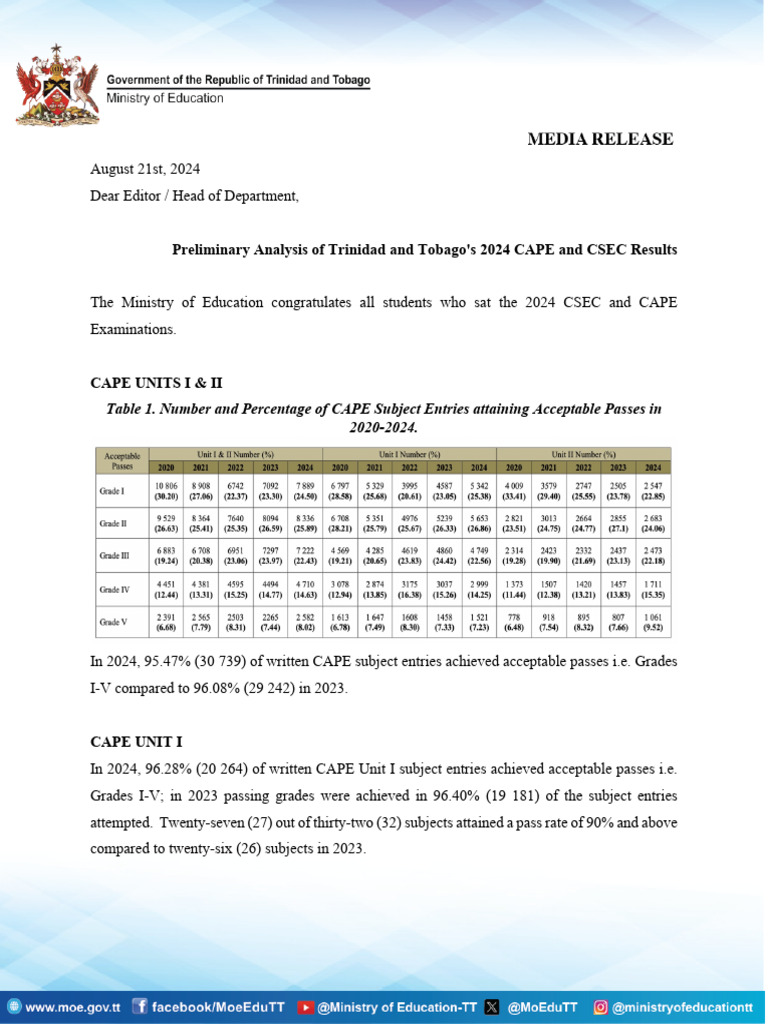 Media Release CSEC and CAPE 2024 Results | PDF