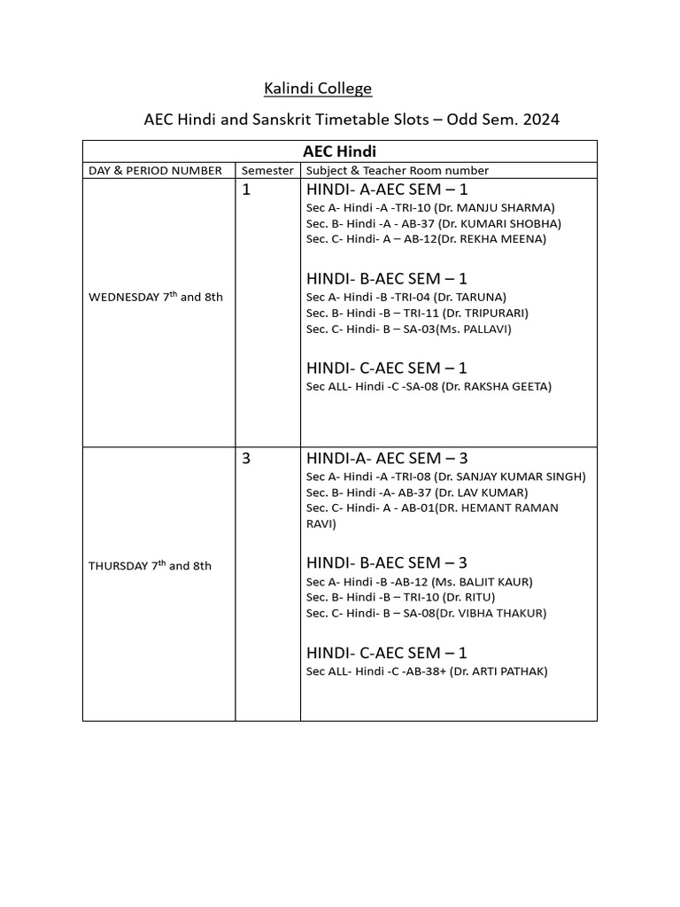 AEC HINDI and SANSKRIT TIMETABLE | PDF