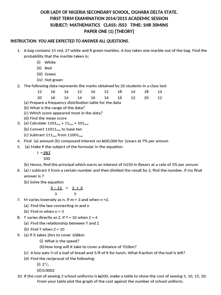 Mathematics Jss3 | PDF