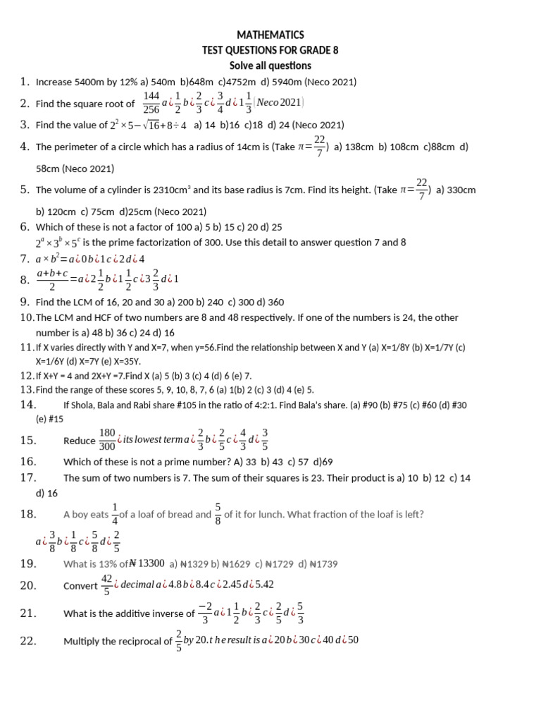 MATHEMATICS Exam For Grade 8 First Term | PDF