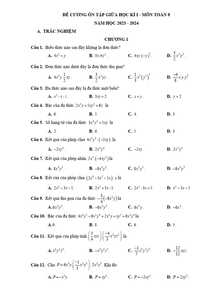 ĐỀ CƯƠNG ÔN TẬP GK1 TOÁN 8 2023 | PDF