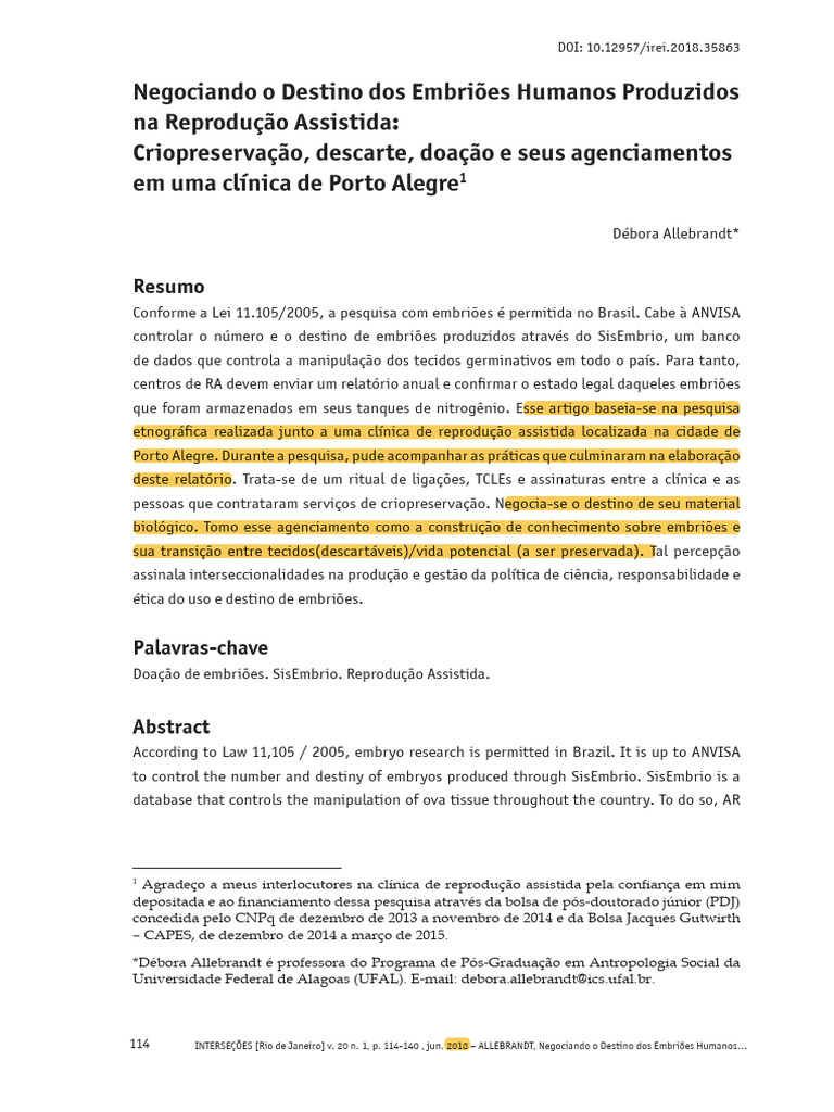 ALLEMBRANDT, Negociando o Destino Dos EmbriÃ Es Humanos Produzidos Na ...