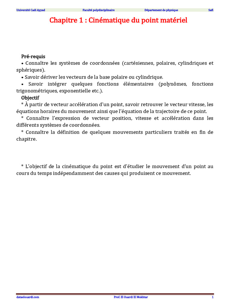 Chapitre 1 Cinématique Du Point Matériel | PDF