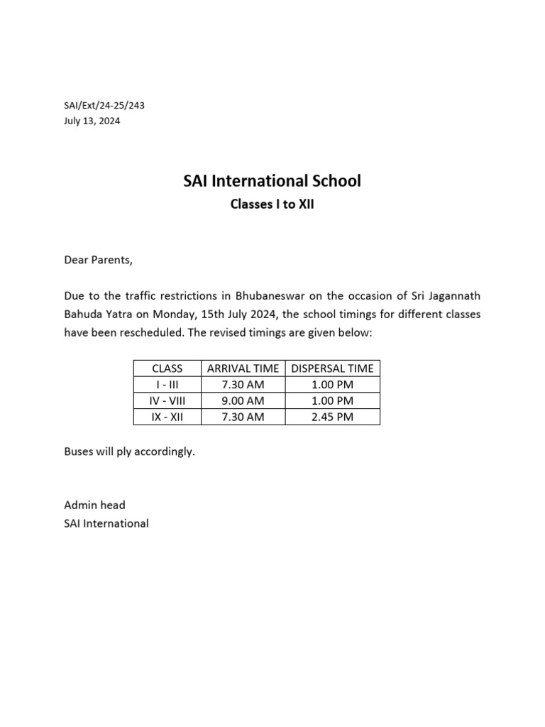 Class I To XII School Timings Rescheduled For Bahuda Yatra On July 15, 2024 | PDF