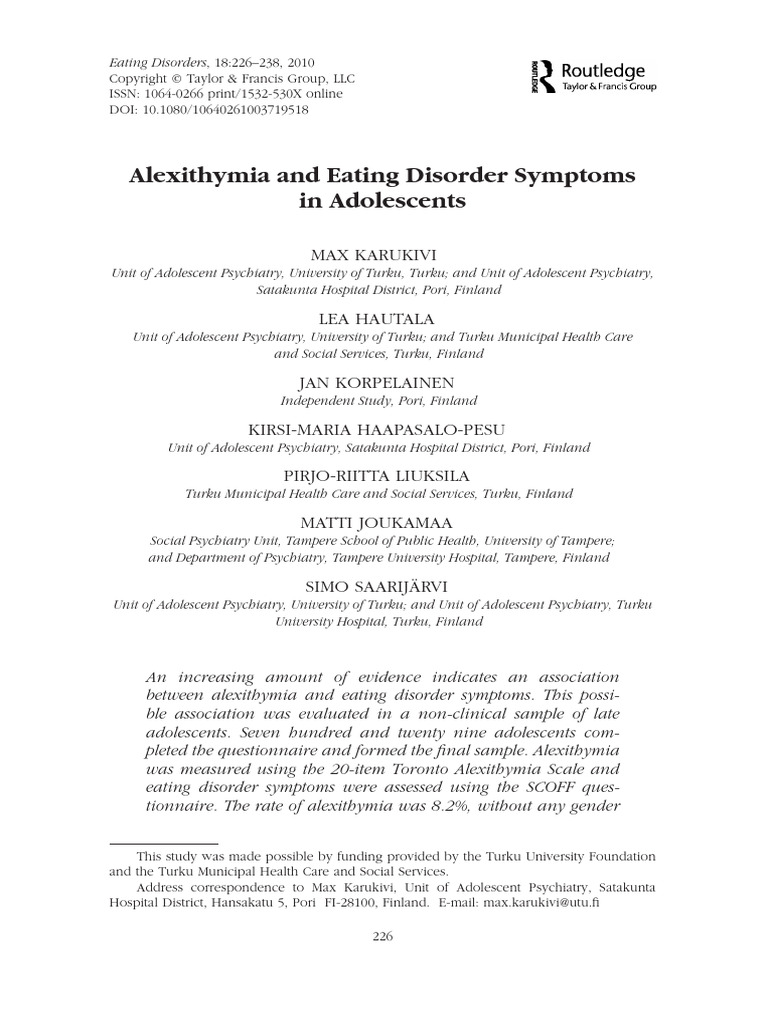 Alexithymia and Eating Disorder Symptoms in Adolescents: Max Karukivi | PDF
