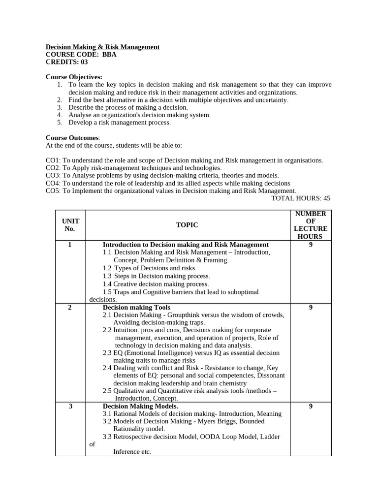 Decision Making and Risk Management Syllabus | PDF
