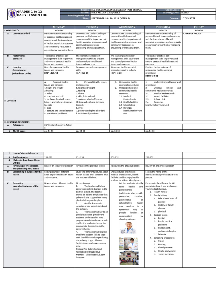 DLL_MAPEH 6_Q1_W8 | PDF