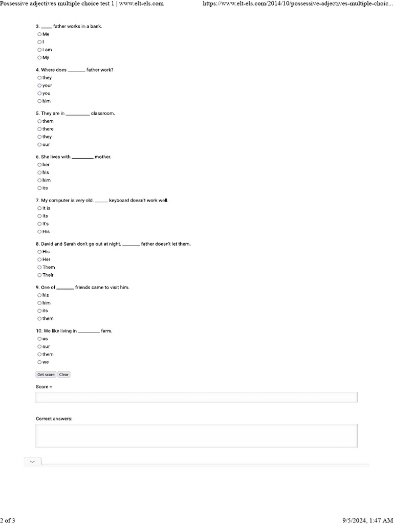 possessive adjectives test | PDF