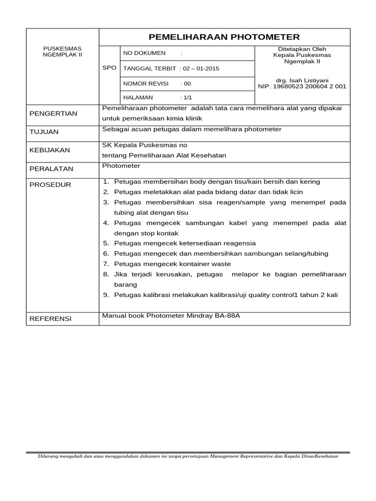 SOP Pemeliharaan Photometer | PDF