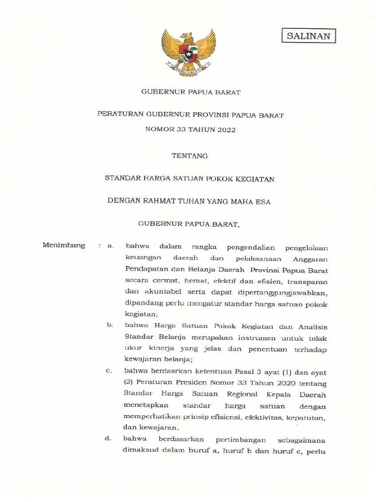 Pergub Papua Barat No 33 Tahun 2022 Tentang Standar Harga Satuan Pokok Kegiatan | PDF
