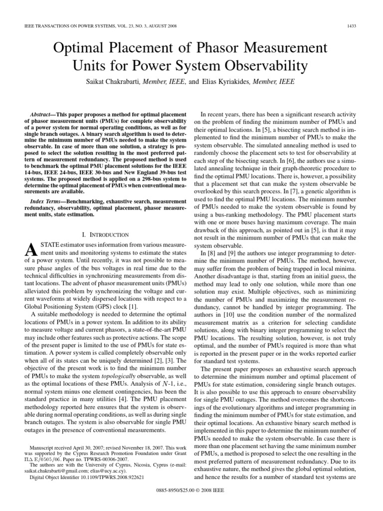 Optimal Placement Of Phasor Measurement Units For Power System Observability Pdf